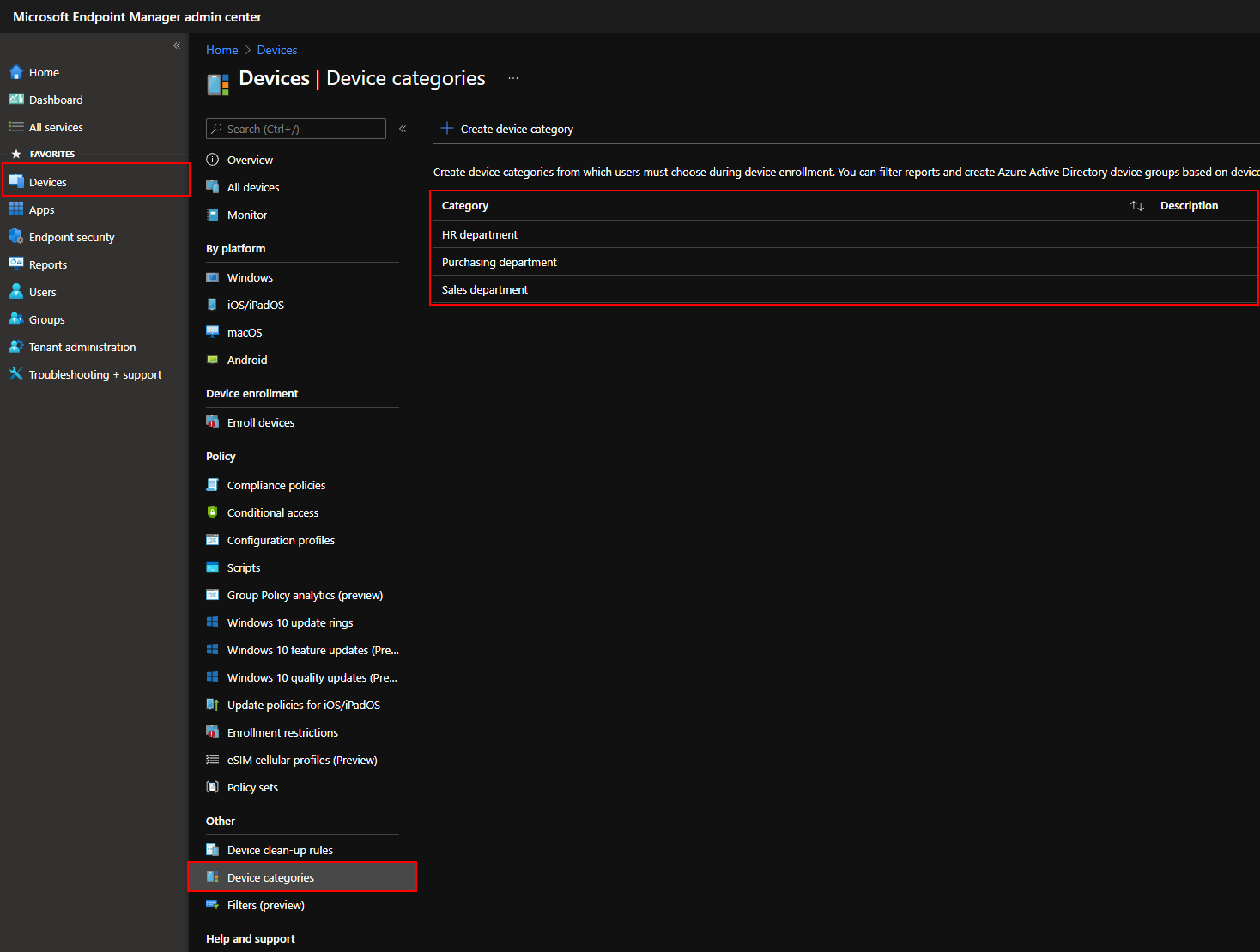 Configure device categories