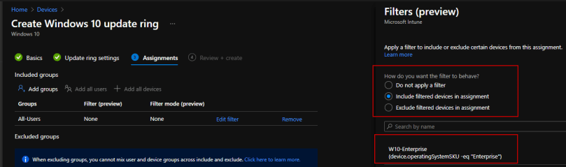 Use assignment filter for the update ring assignment