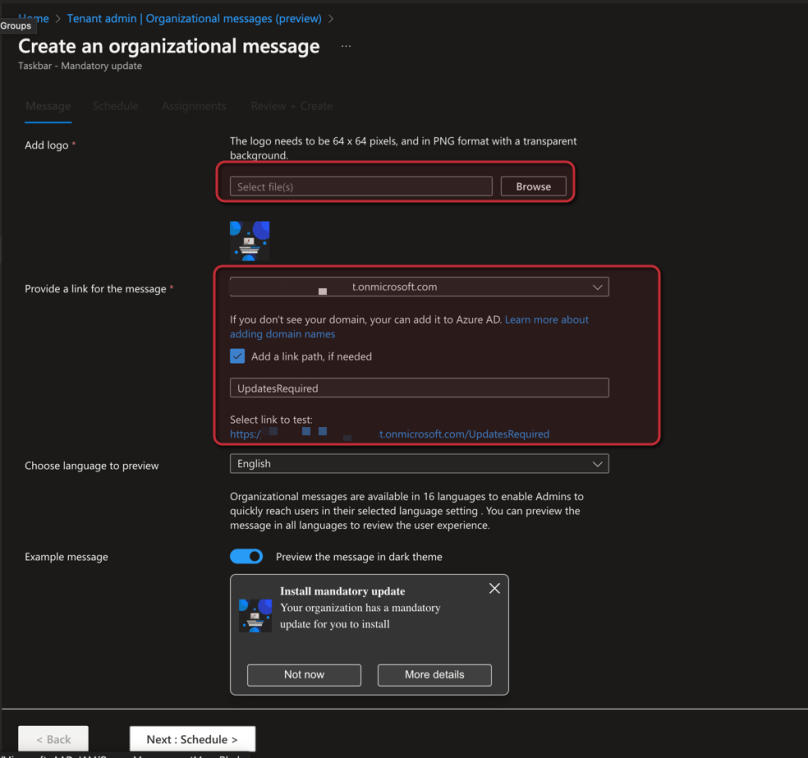 How to setup Organizational messages